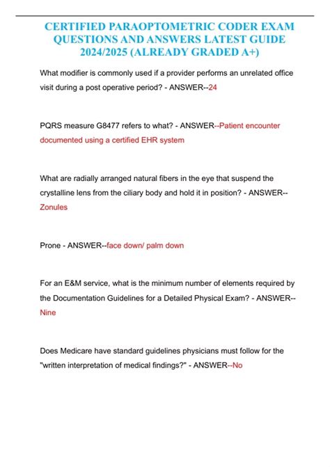 CERTIFIED PARAOPTOMETRIC CODER EXAM QUESTIONS AND ANSWERS LATEST GUIDE 2024 2025 ALREADY GRADED