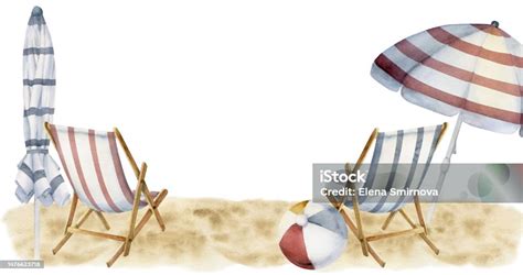손으로 그린 수채화 구성 줄무늬 해변 액세서리 우산 및 모래 위의 의자 흰색 배경에 격리 디자인 벽 예술 결혼식 인쇄 직물 표지 카드 관광 여행 책자 0명에 대한 스톡 벡터