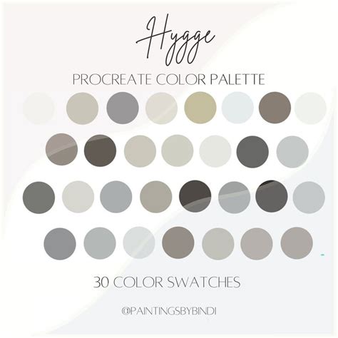 A White Background With Gray Circles And The Words Hygge Procreate Color Palette 30 Color Swatches