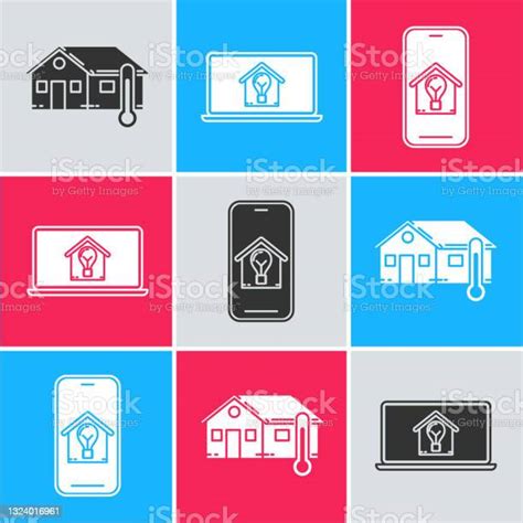 스마트 하우스와 전구와 휴대 전화와 집 온도 설정 스마트 하우스와 전구 아이콘 벡터 0명에 대한 스톡 벡터 아트 및 기타 이미지