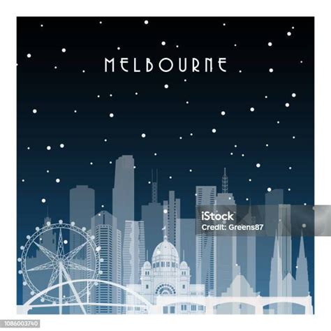 겨울 밤 멜버른입니다 배너 포스터 일러스트 레이 션 배경에 대 한 평면 스타일에 박 시 멜버른 호주에 대한 스톡 벡터 아트 및 기타 이미지 Istock