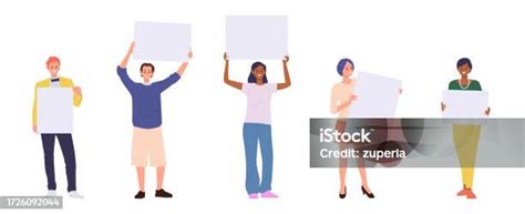 다양한 사람들의 고립된 집합 만화 캐릭터가 빈 빈 플래카드 배너 또는 간판을 들고 있다 개체 그룹에 대한 스톡 벡터 아트 및 기타 이미지 개체 그룹 다양성 여자