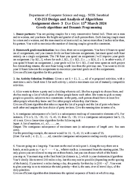 Dp And Greedy Exercises Department Of Computer Science And Engg