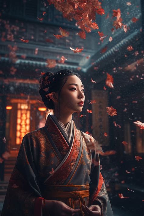 穿着传统服饰的女孩国潮唯美花瓣电影风格图片 包图网