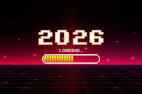 로딩 중 2026 픽셀 아트 8비트 복고풍 게임 벡터 일러스트레이션의 게임 자산용 복고풍 미래파 공상 과학 배경 빈티지 아케이드 컴퓨터 게임의 빛나는 네온 그리드와 별 0
