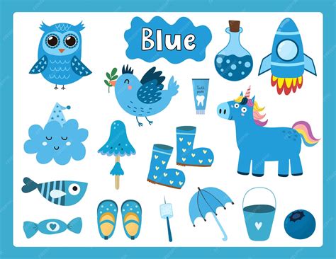 Conjunto De Objetos De Color Azul Flashcard De Colores Primarios Con Elementos Azules
