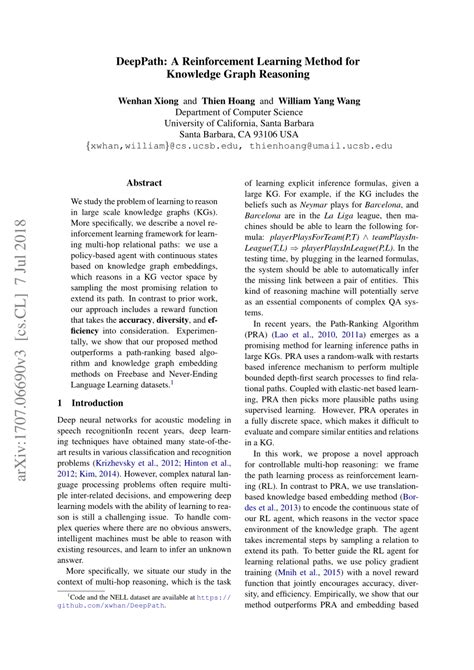 Pdf Deeppath A Reinforcement Learning Method For Knowledge Graph Reasoning