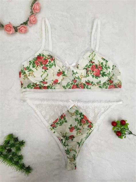 Plus Size Floral Print Contrast Lace Semi Sheer Bra Panties Sexy