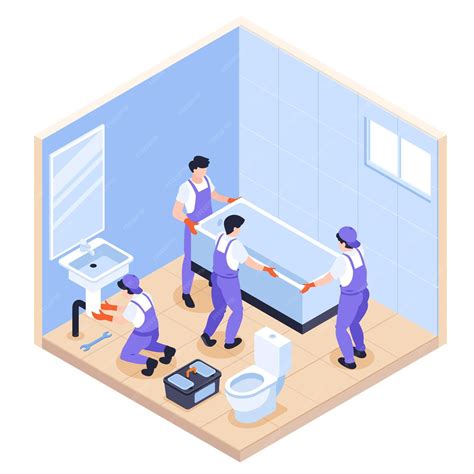 경력 및 작업 기호 아이소메트릭 벡터 일러스트와 함께 배관공 개념 무료 벡터