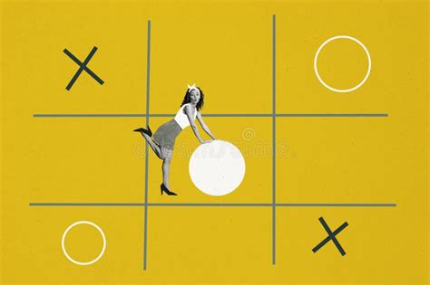 Creative Trend Collage Of Funny Lady Play Tic Tac Toe Game Solve Task