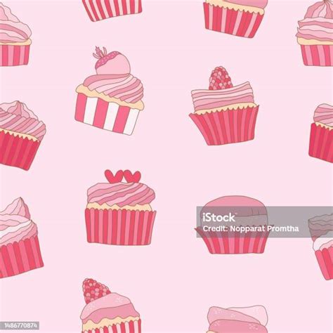 달콤하고 귀여운 손으로 그린 컵 케이크의 벡터 그림은 빨간색과 분홍색 톤입니다 낙서 아트 스타일의 매끄러운 패턴 배경 0명에 대한 스톡 벡터 아트 및 기타 이미지 Istock