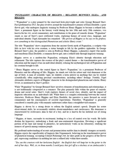Pygmalion Character Of Higgins Pdf Pygmalion Play
