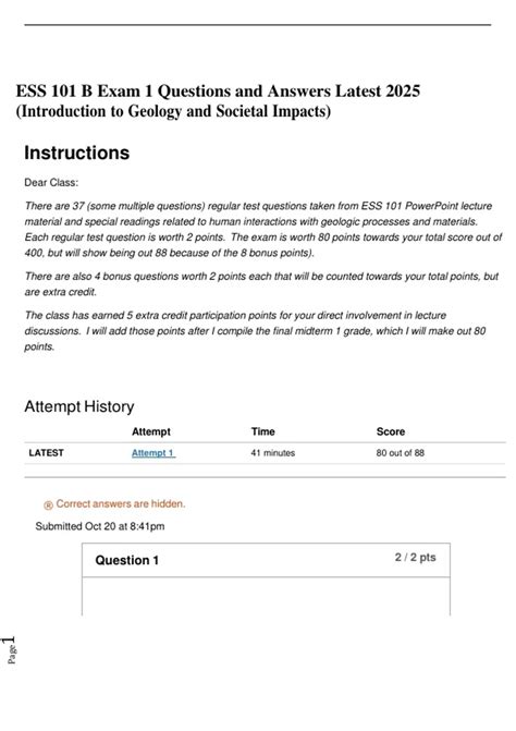 Ess 101 B Exam 1 Questions And Answers Latest 2025 Introduction To Geology And Societal Impacts