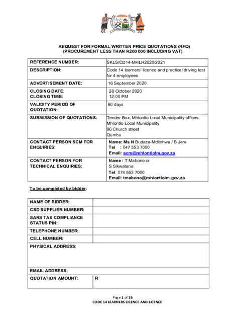 Fillable Online 2020 Rfq For Code 14 Learners License And Practical