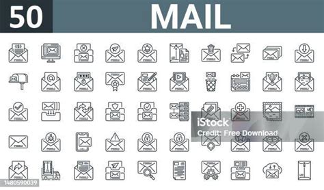 송장 웹 메일 제거 보내기 알림 편지 보고서 프레젠테이션 다이어그램 웹 디자인 모바일 앱에 대한 휴지통 벡터 얇은 아이콘과 같은 50개의 개요 웹 메일 아이콘 세트 0명에