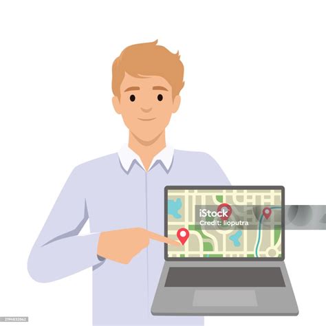 여러 위치 핀이 있는 지도를 표시하는 노트북 화면을 가리키는 남자 거리에 대한 스톡 벡터 아트 및 기타 이미지 거리 검색 계획 Istock