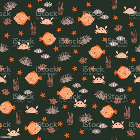 넙치 게 해초 불가사리 흰동가리가 있는 벡터 원활한 패턴 수중 만화 생물 해양 배경입니다 직물 아동복 직물 포장지에 대한 귀여운 바다 패턴 게에 대한 스톡 벡터 아트 및