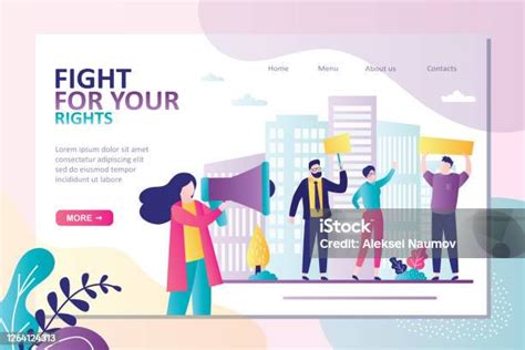파업이나 시위에 플래카드로 사람들을 항의 당신의 권리를 위해 테마 싸움에 방문 페이지 템플릿 Referendum에 대한 스톡