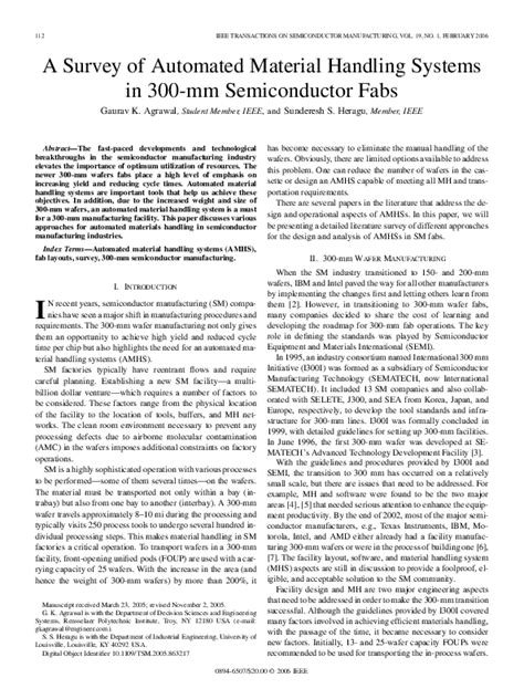 Pdf A Survey Of Automated Material Handling Systems In 300 Mm Semiconductor Fabs
