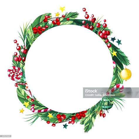 크리스마스 장식을위한 수채화 프레임 동그라미 주위의 새해 기호 겨울에 대한 스톡 벡터 아트 및 기타 이미지 겨울 계절 공휴일 Istock