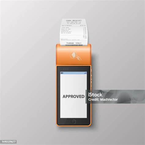 벡터 3d 오렌지 Nfc 지불 기계 승인 된 상태 및 종이 영수증 청구서 Wifi 무선 결제 Pos 단말기 은행 결제 비접촉식 단말기의 기계 설계 템플릿 모형 평면도