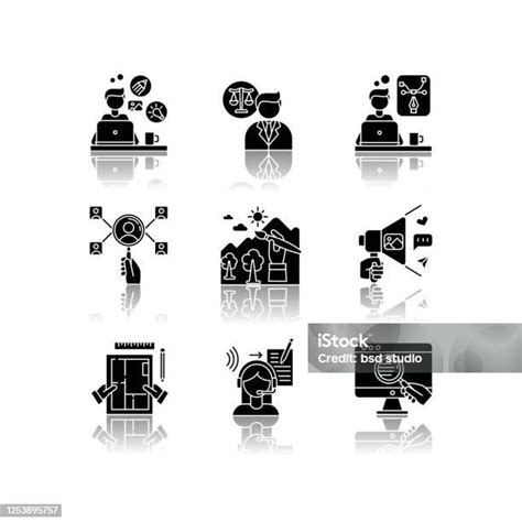 원격 작업 드롭 그림자 검정 색 글리프 아이콘 세트 창의적이고 그래픽적인 디자인 전사 및 Hr 관리 웹 리서치 소셜 미디어 코디네이터 공백에 대한 격리된 벡터 그림 연구에