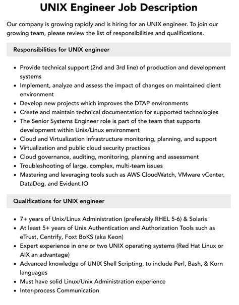 UNIX Engineer Job Description Velvet Jobs