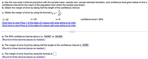 Solved A Use The One Mean T Interval Procedure With The
