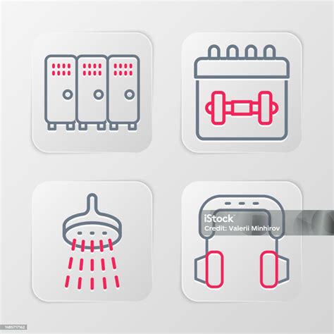 라인 헤드폰 샤워 캘린더 피트니스 및 사물함 또는 탈의실 아이콘을 설정합니다 벡터 가정의 방에 대한 스톡 벡터 아트 및 기타