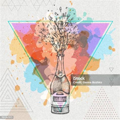예술 다각형 수채화 배경에 스플래시와 샴페인 병의 그림을 그리는 손 샴페인 와인에 대한 스톡 벡터 아트 및 기타 이미지
