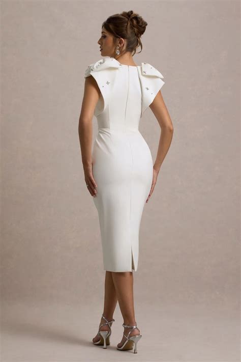 Aubrie Ecru Midi Dress With Bow Details Midi Dress With Sleeves