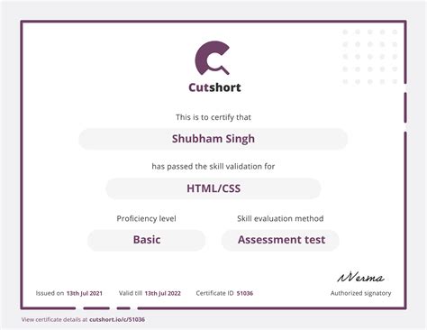shubham s skill certificate for html css cutshort