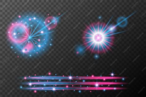 설정 빛 효과 분홍색 파란색 고립 된 플레어 폭발 반이는 먼지 선 태양 플레어 스파크 스타 네온 빛 터 효과 프리미엄 벡터