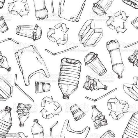 손으로 그린된 낙서 플라스틱 오염 완벽 한 패턴입니다 벡터 일러스트 레이 션 스케치 기호 컬렉션입니다 부 대 병 패키지 오염 일회용 접시 빨 대 플라스틱 제품 재활용입니다