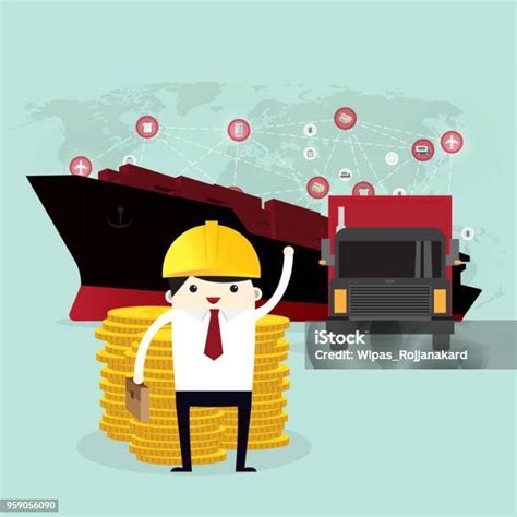 사업가 동전 스택 물류 및 교통 물류 조선소에 컨테이너 화물선의 수입 수출 및 세계 지도 배경에 산업 수송 1960 1969 년에 대한 스톡 벡터 아트 및 기타 이미지