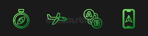 Set Line Route Location Compass Plane And City Map Navigation Gradient Color Icons Stock