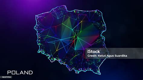미래적인 달콤한 폴란드 지도 다각형 블루 퍼플 다채로운 연결된 선과 점 흐릿한 플레어 보케에 텍스트가 있는 와이어프레임 네트워크 0명에 대한 스톡 벡터 아트 및 기타 이미지