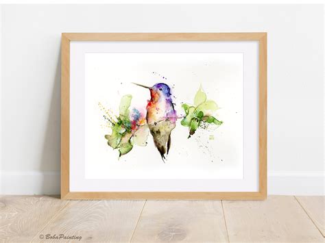 Hummingbird On Branch Watercolor Print By Bobaj Painting Etsy