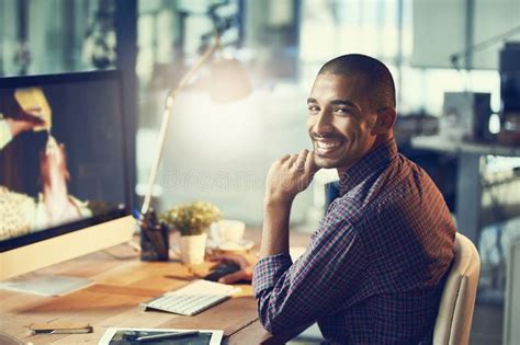 Man Portrait And Night At Office With Smile Software Developer With Programming Deadline And