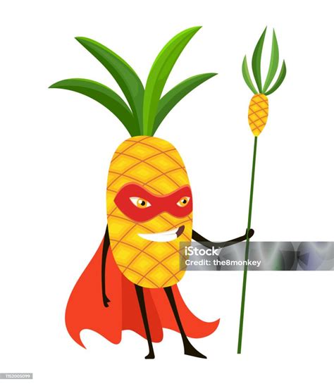 귀여운 만화 웃는 파인애플 슈퍼 히어로 마스크와 레드 케이프 다채로운 인간 화 과일 문자 벡터 일러스트 레이 션 건강한 생활방식에 대한 스톡 벡터 아트 및 기타 이미지