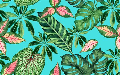 수채화 그림 다채로운 열대 야자수 잎 녹색 잎 원활한 패턴 배경 수채화 손으로 그린 그림 벽지 섬유 하와이 알로하 정글 스타일 열대 이국적인 잎 인쇄 0명에 대한 스톡 벡터