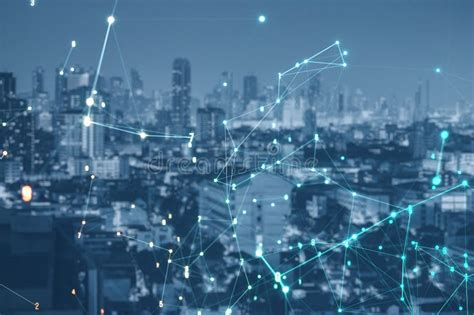 Glowing Polygonal Coding Mesh On City Background Technology And