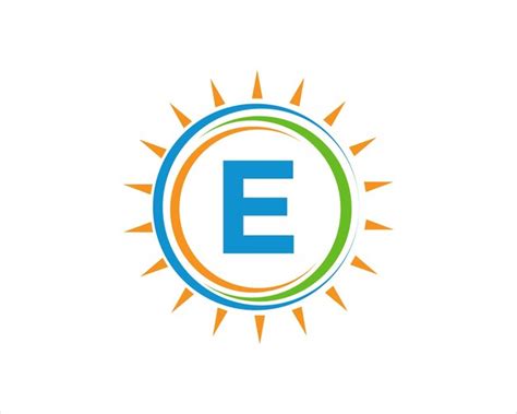 태양광 에너지 로고 E 글자 템플릿 E 글자 태양광 로고 디자인 프리미엄 벡터