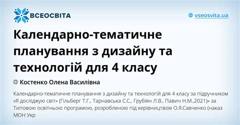Календарно тематичне планування з дизайну та технологій для 4 класу КТП дизайн і технології