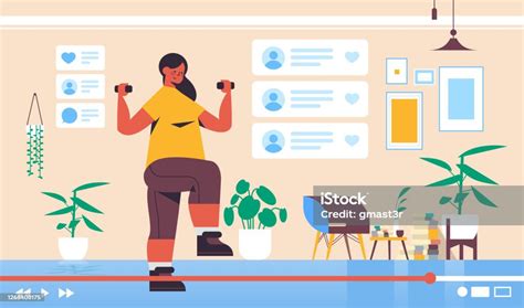 피트니스 블로거 는 온라인 비디오 블로그 라이브 스트리밍 블로깅 개념을 녹화 아령과 운동을하고 가공의 인물에 대한 스톡 벡터 아트 및 기타 이미지 Istock