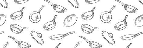 요리용 프라이팬이 있는 패턴입니다 완벽 한 배경 어떻게 레스토랑 또는 식당 메뉴에 대한 스케치 강철에 대한 스톡 벡터 아트 및 기타 이미지 Istock