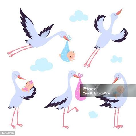 갓난아기와 함께 날아다니는 황새 조류 이동 황새는 아기를 안고 날아갑니다 귀여운 베이비 샤워 그래픽 요소 탄생 오늘 벡터 캐릭터 아기에 대한 스톡 벡터 아트 및 기타 이미지