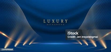 수상을 위한 3d 파란색 배경과 밝은 네온 효과가 있는 황금 선 럭셔리 장면 디자인 컨셉입니다 벡터 일러스트 레이션 3차원 형태에 대한 스톡 벡터 아트 및 기타 이미지