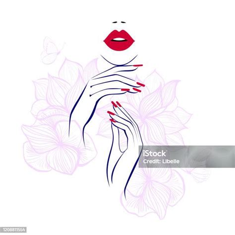 빨간 입술 빨간 매니큐어 손톱손 뷰티 로고 손톱 예술 벡터 삽화 Diadem 꽃 나비 꽃 동기 추상 꽃 스파 살롱 기호 기호 손톱 스튜디오 매니큐어 화장품에 대한 스톡 벡터