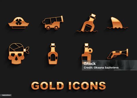 알코올 음료 럼 상어 지느러미 바다 파도 빈티지 권총 해적 선장 메시지 물 모자 및 대포 아이콘이 있는 병을 설정합니다 벡터 가공의 인물에 대한 스톡 벡터 아트 및 기타